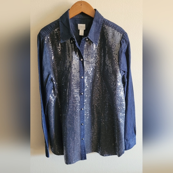 Chico's | Tops | Chicos Platinum Sequin Denim Tabitha Top Womens L ...